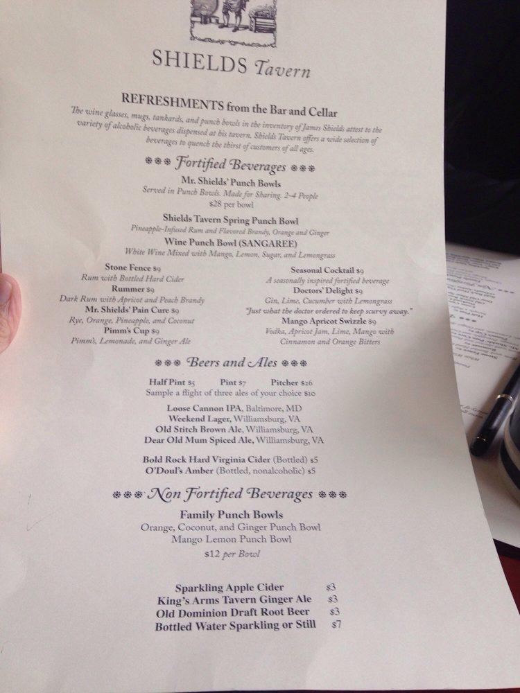 Menu at Shields Tavern restaurant, Williamsburg