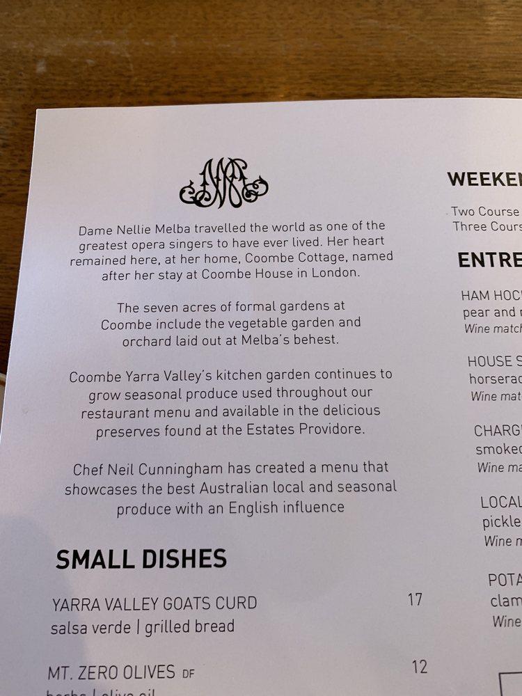 Menu at Coombe Yarra Valley restaurant, Coldstream