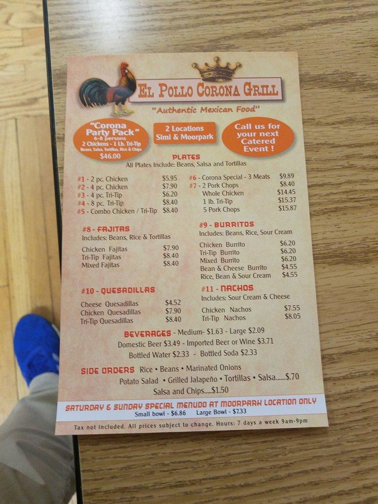 Menu at El Pollo Corona Grill restaurant, Moorpark