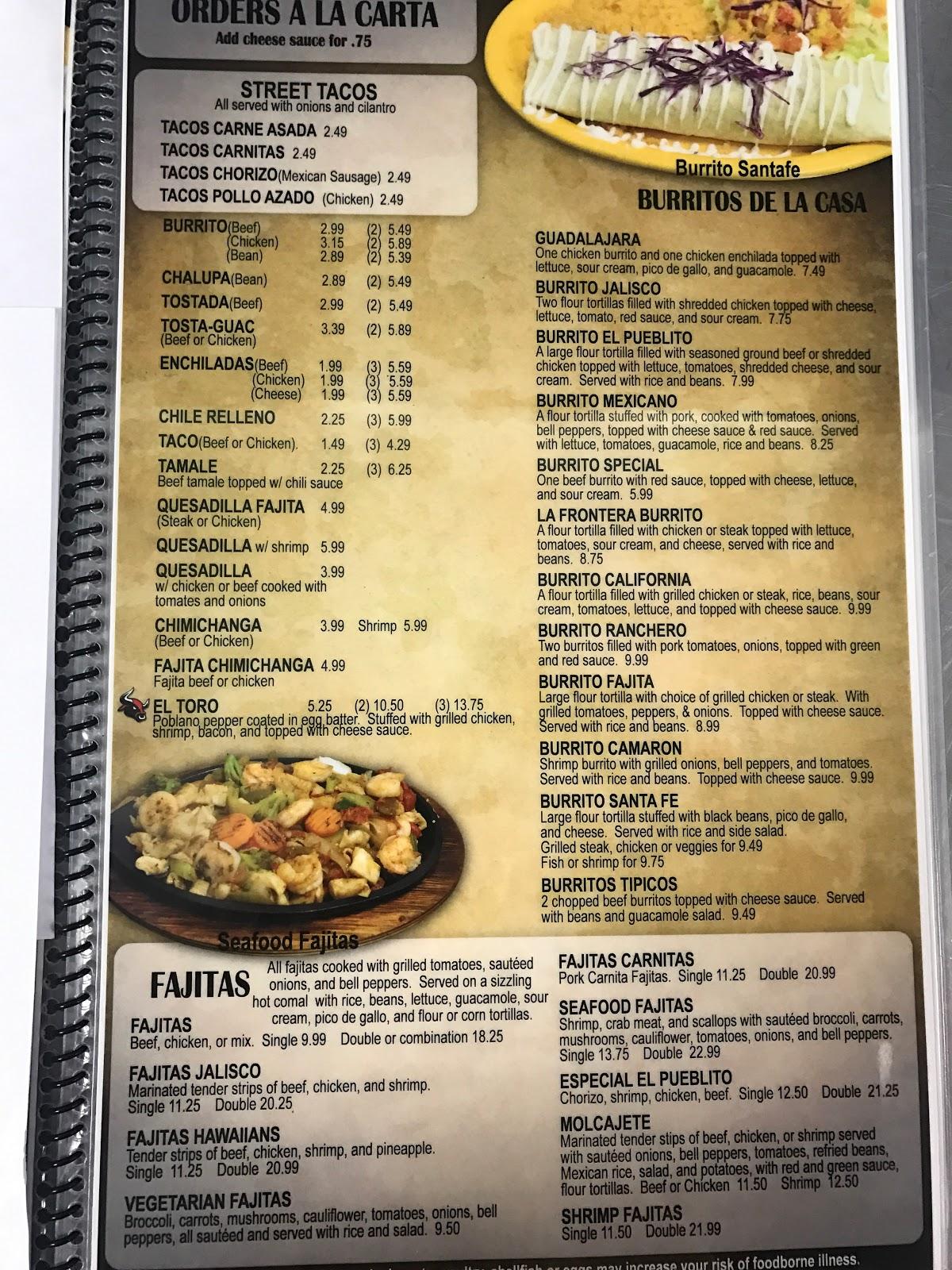 Menu at El Pueblito Mexican Restaurant, Centerton