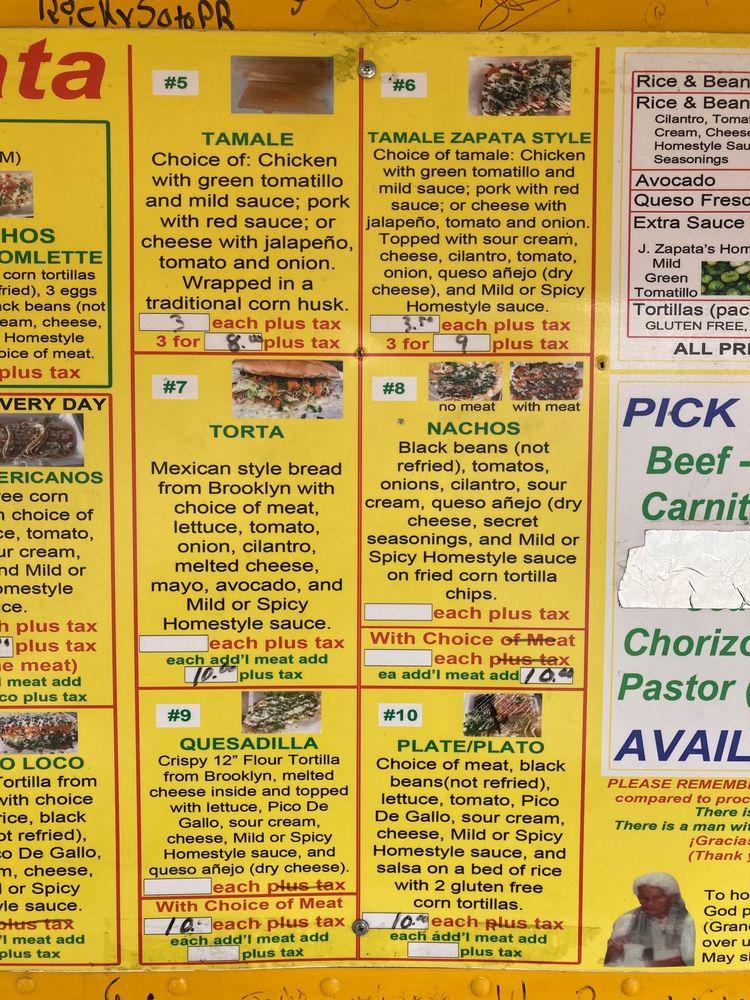 Menu at J Zapata restaurant, Hazleton