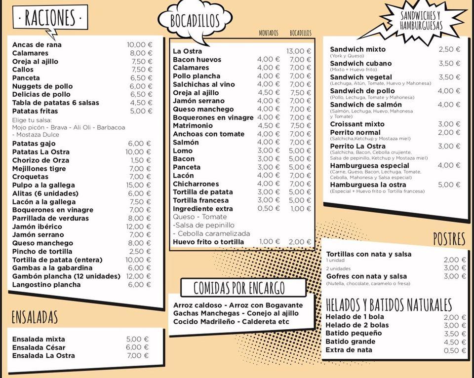 Menu at La Ostra restaurant, Pinto
