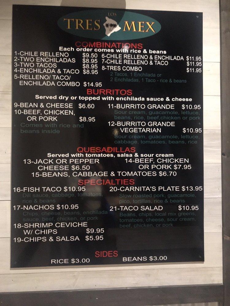 Menu at Los Tres Mex restaurant, Waikoloa Village, 68-1845 Waikoloa Rd