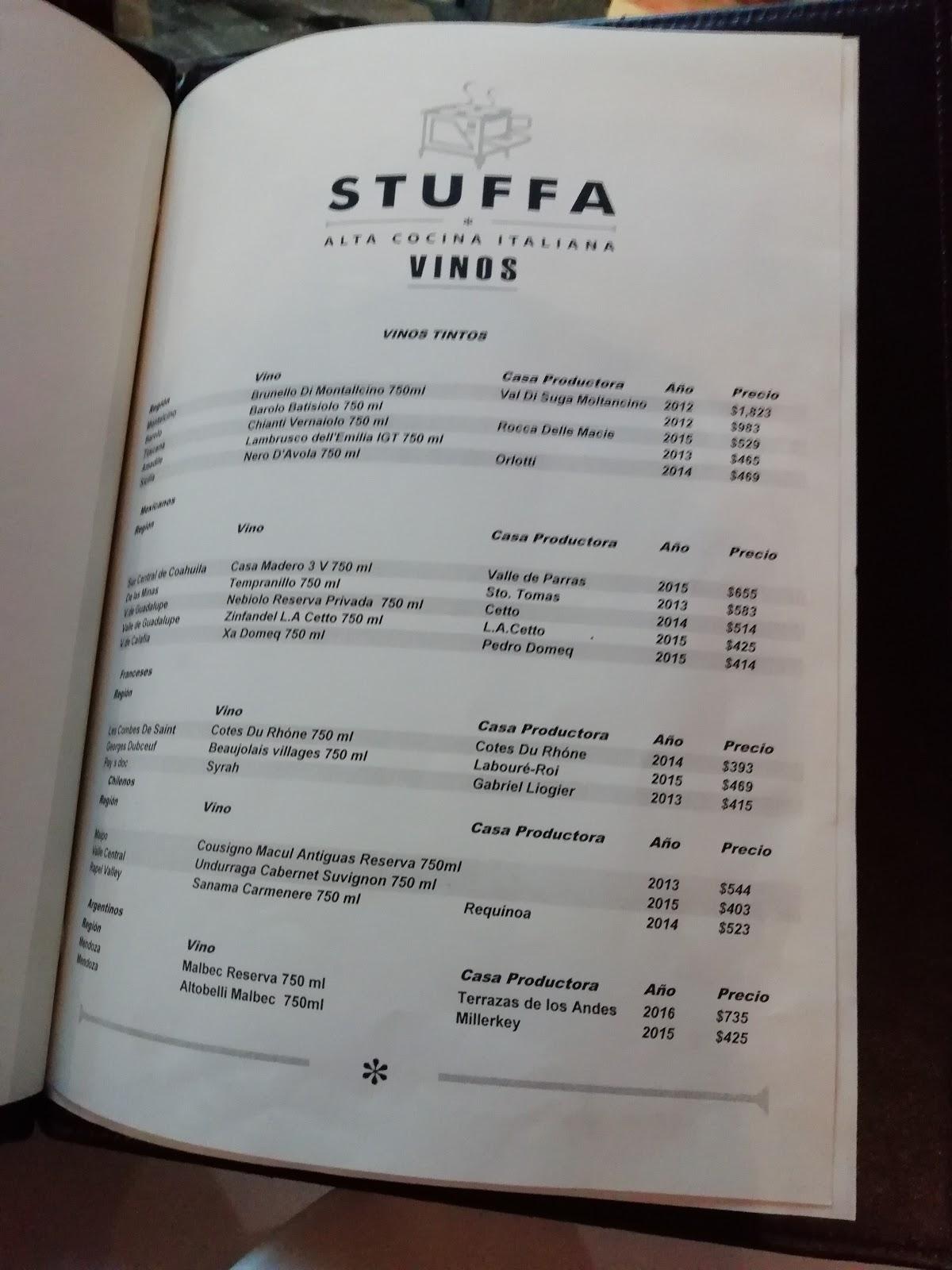 Carta del restaurante Stuffa, Ciudad del México