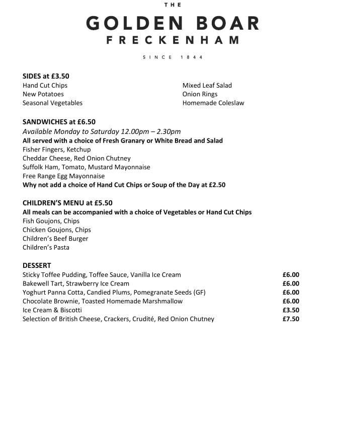 Menu at The Golden Boar Inn pub & bar, Freckenham