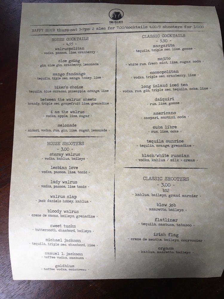 Menu at The Walrus Bar & Hostel, London