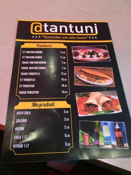 Menu at A Tantuni, Istanbul