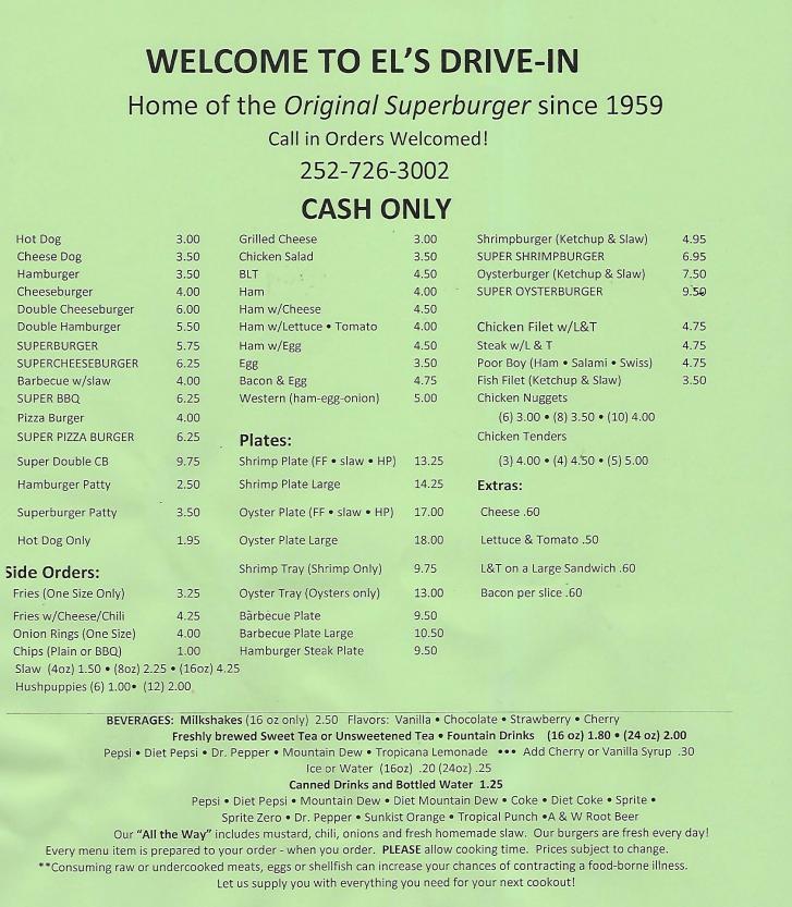 Menu at El's Drive-In fast food, Morehead City