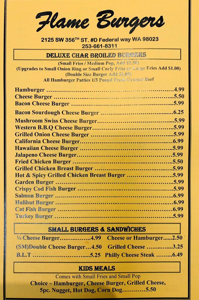 Menu at Flame Burger Plus restaurant, Federal Way