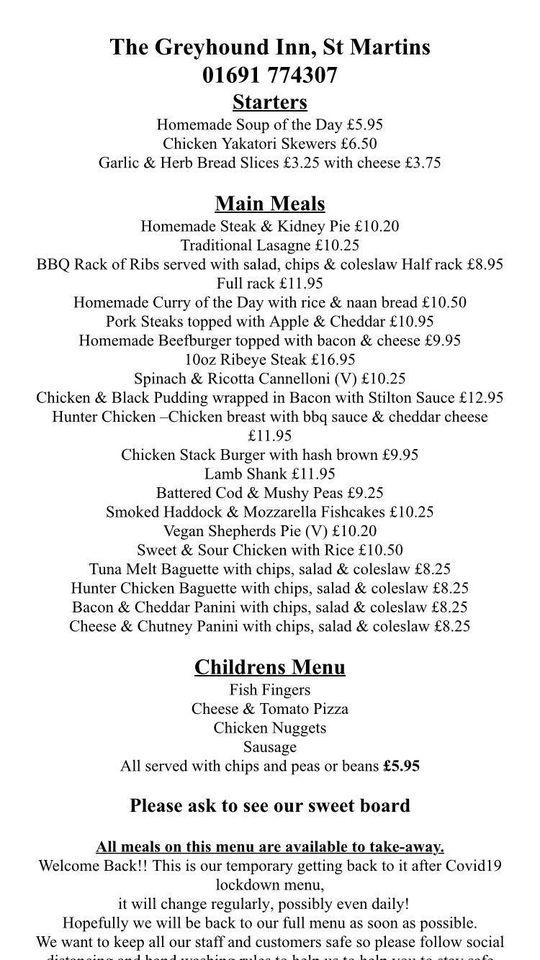 Menu at Greyhound Inn restaurant, Saint Martin's