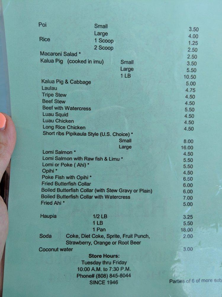 Menu at Helena's Hawaiian Food restaurant, Honolulu