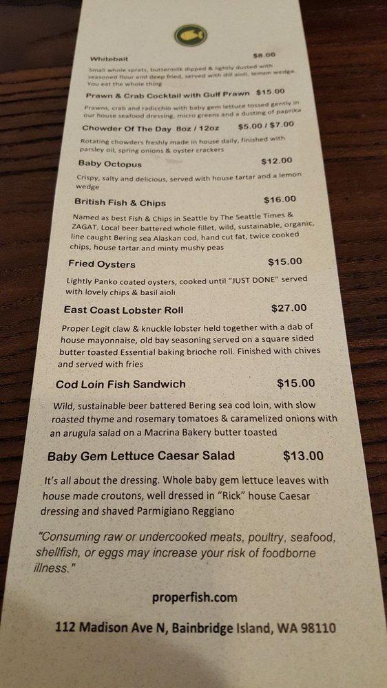 Menu at Proper Fish fast food, Bainbridge Island