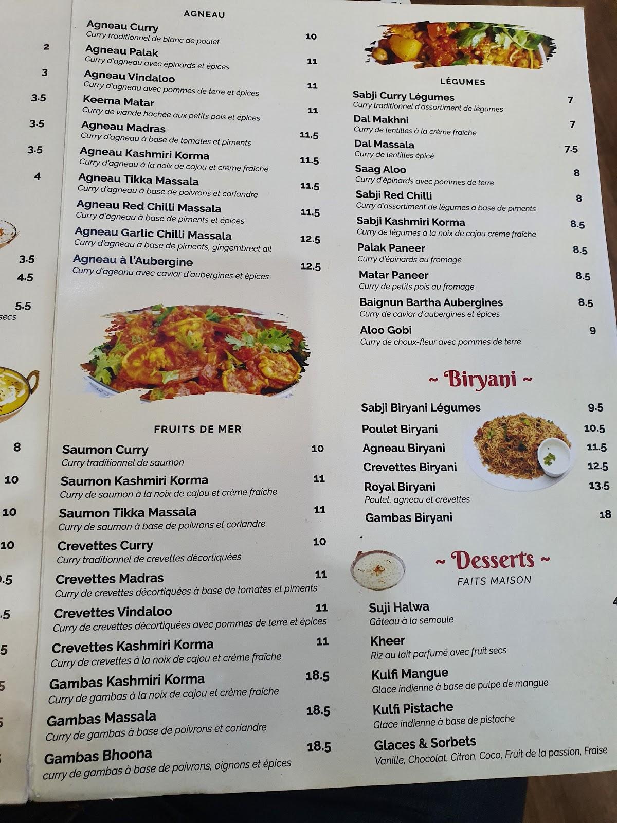 Menu at Royal Kashmir restaurant, Clamart