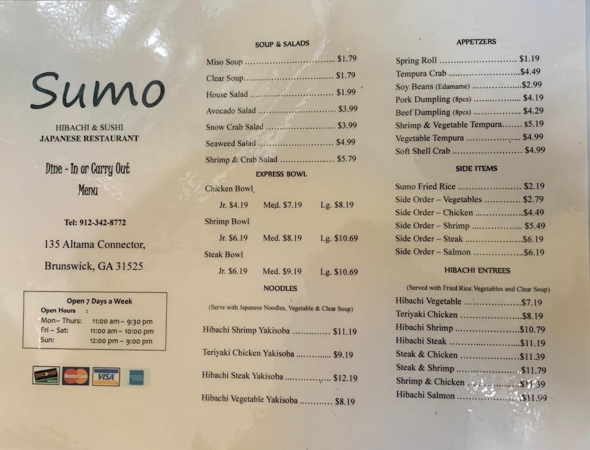 Menu at Sumo Hibachi and Sushi restaurant, Brunswick