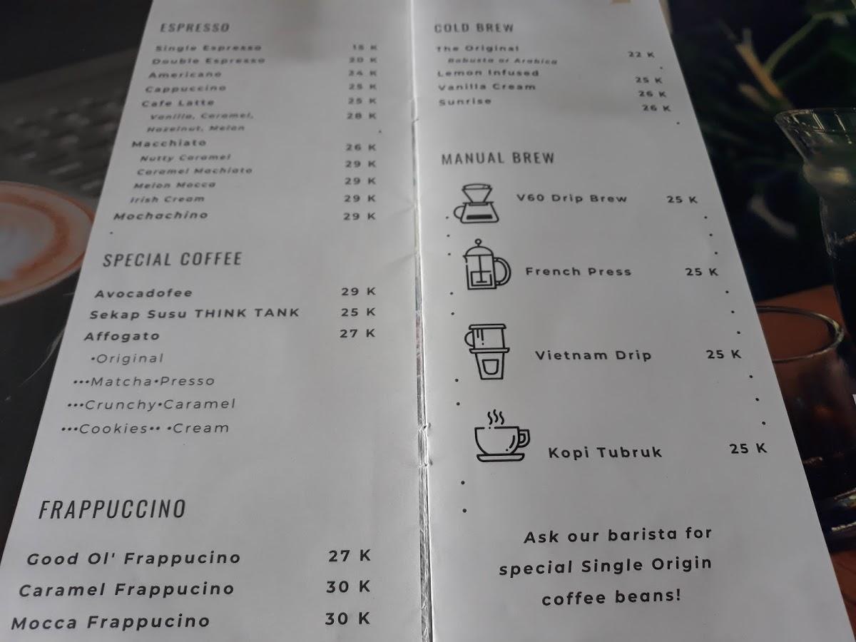 Menu at THINK TANK Coffee & Working, Semarang