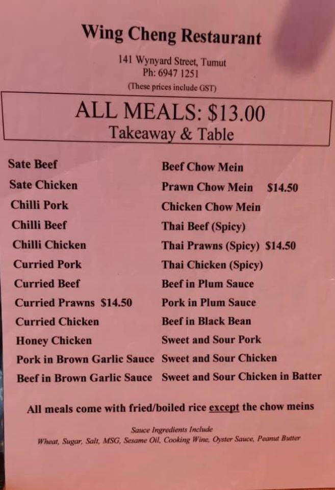 Menu at Wing Cheng restaurant, Tumut, 141 Wynyard St