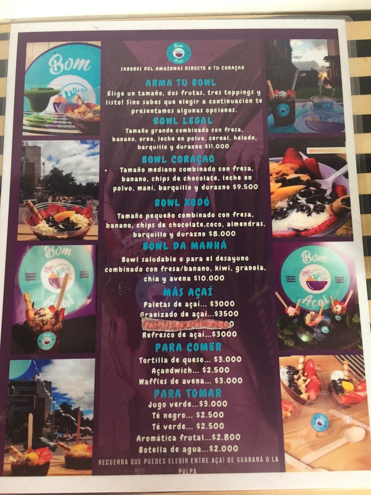 Menu at BOM AÇAÍ restaurant, Bogotá