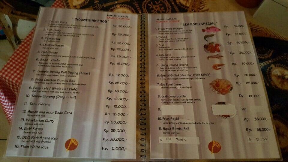 Menu at Bamboo Corner restaurant, Kuta