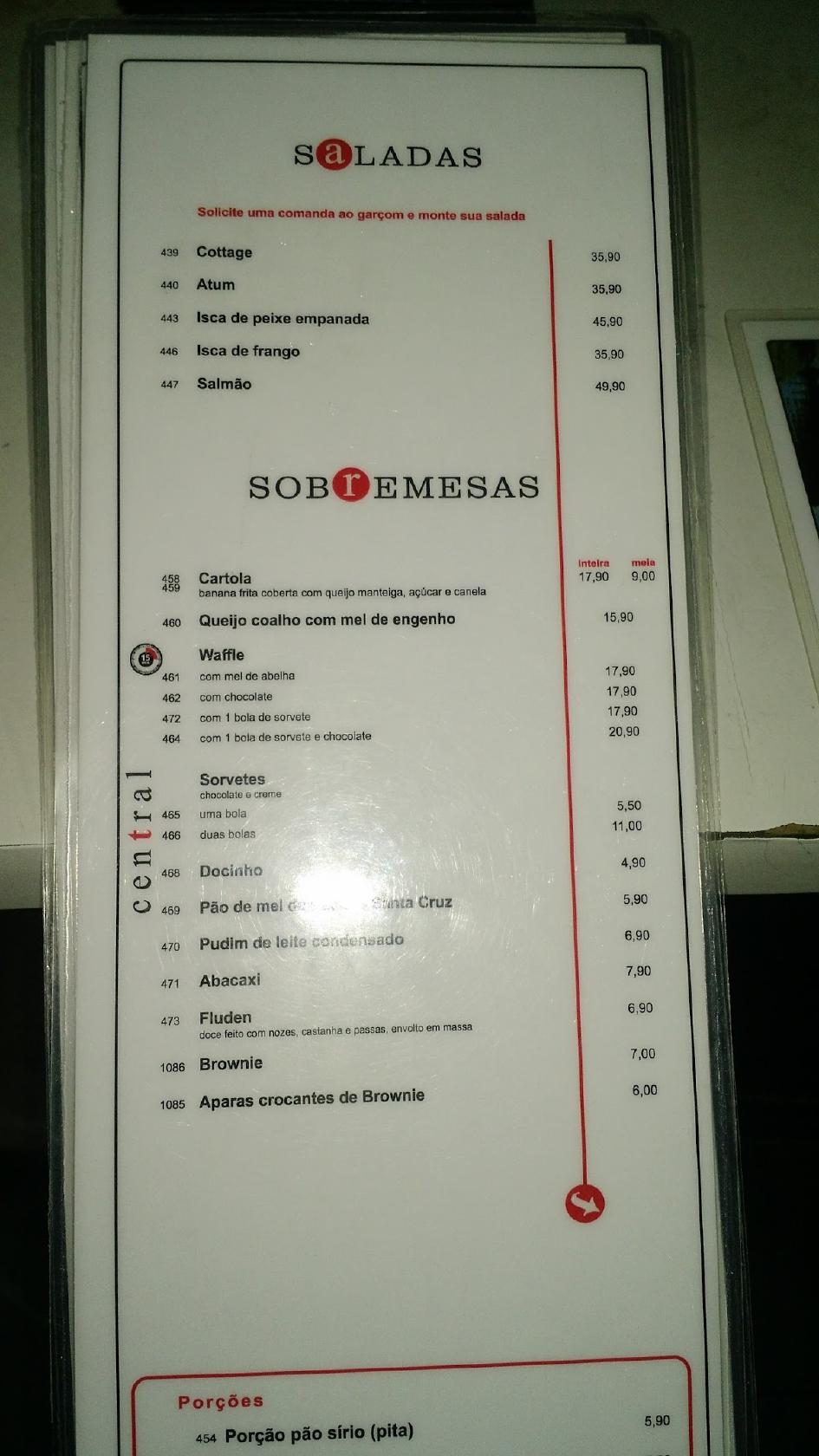 Menu at Bar Central, Recife, R. Mamede Simões