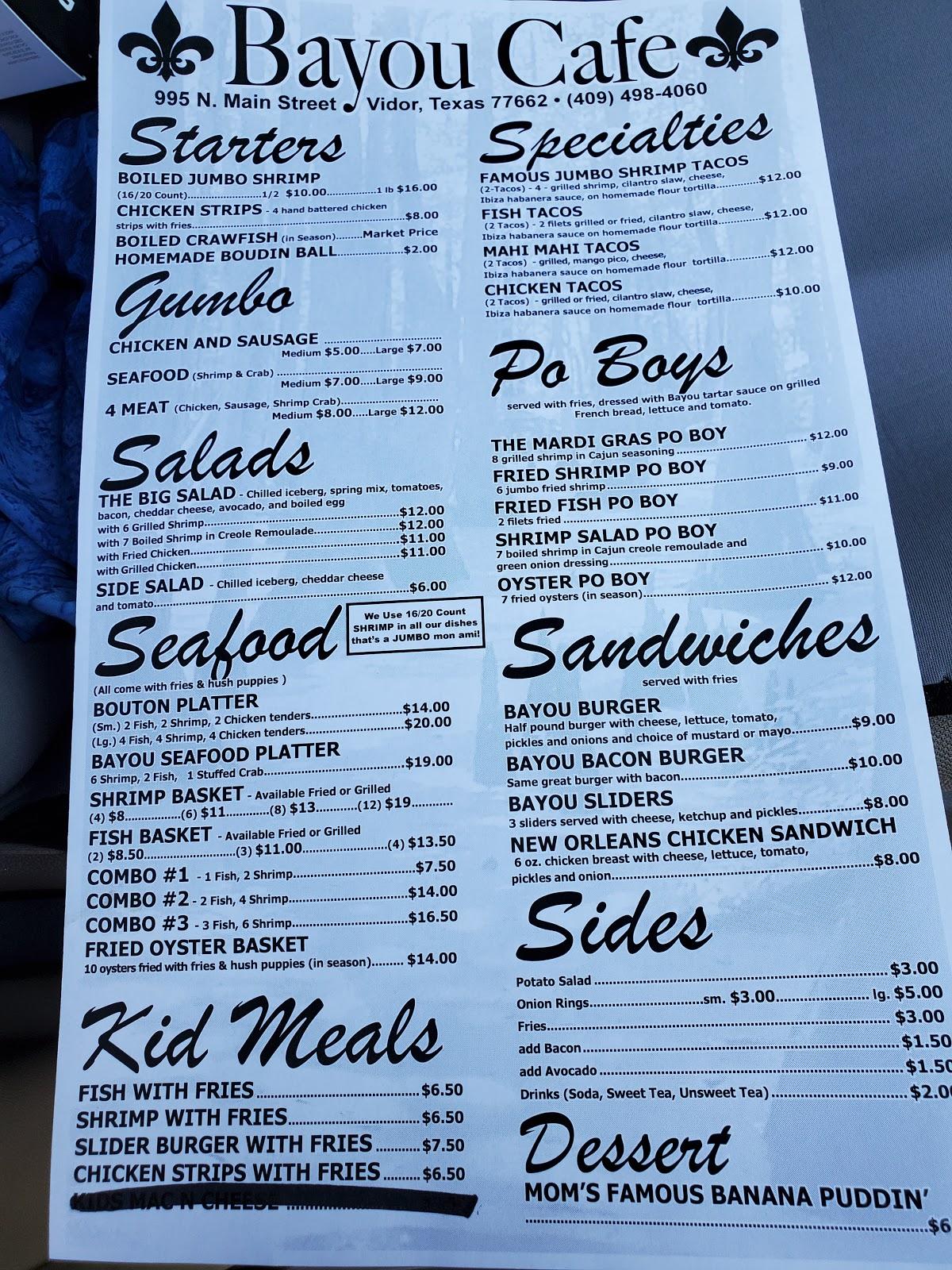 Menu at Bayou Cafe Vidor, Vidor