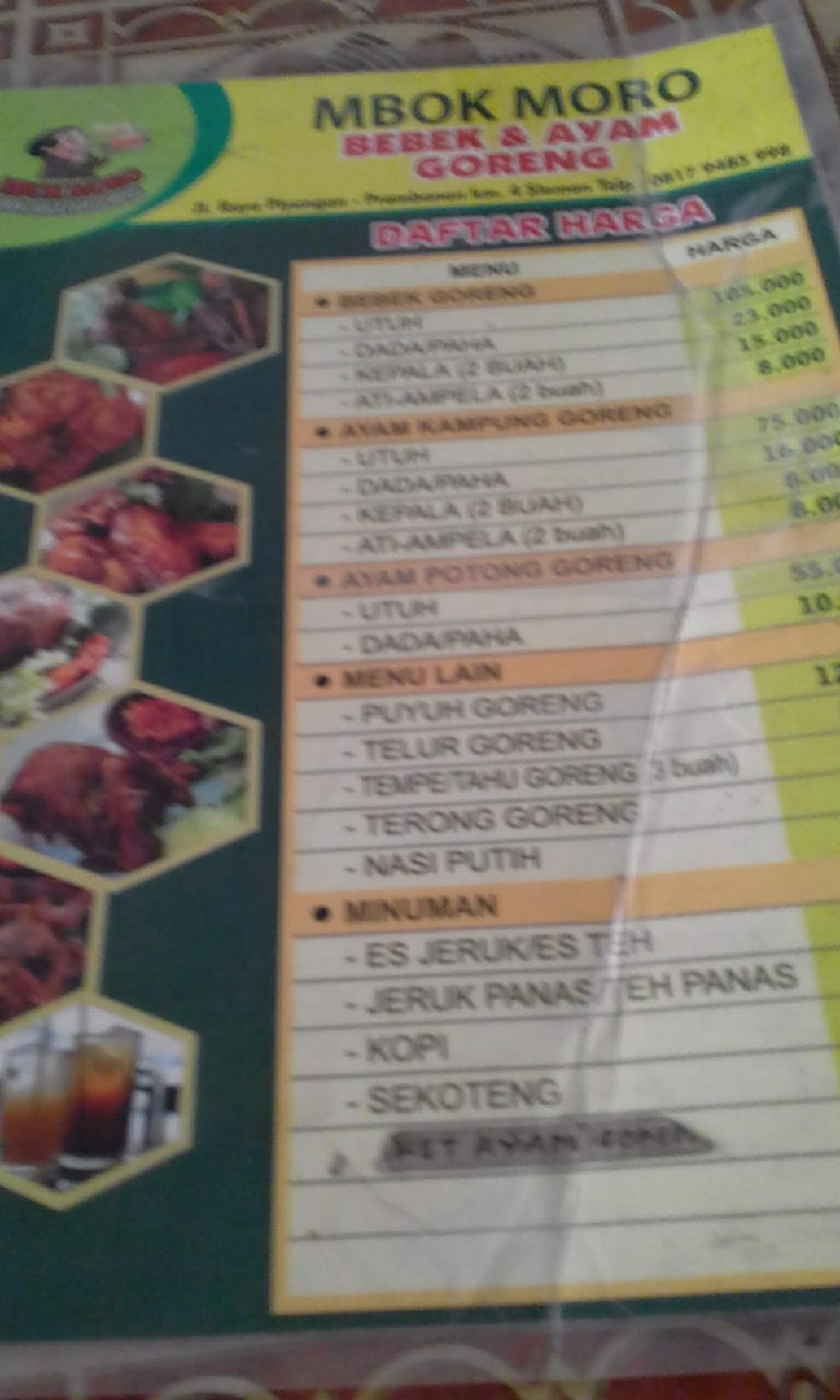 Menu at Bebek Dan Ayam Goreng Mbok Moro restaurant, Purwomartani