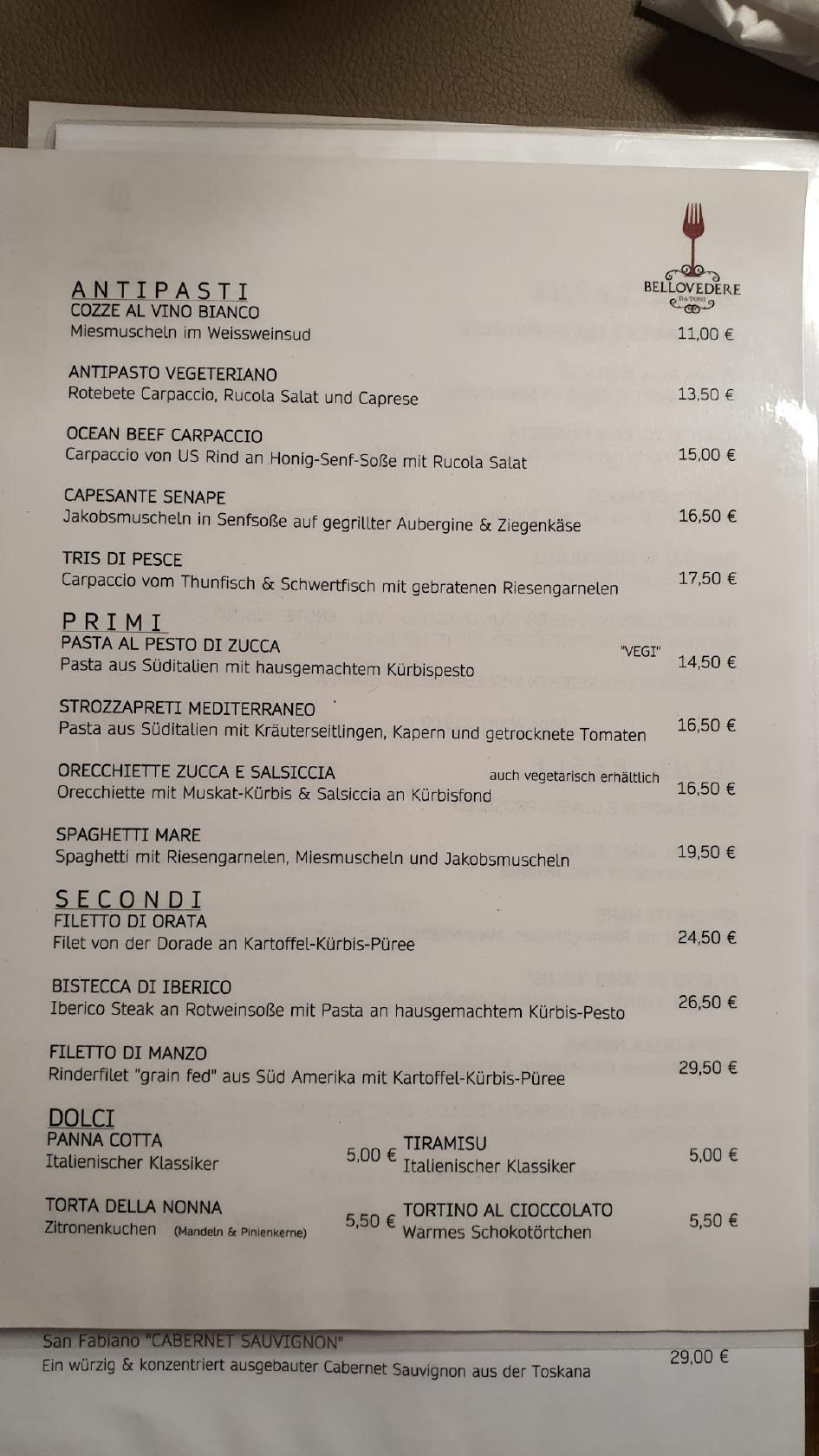 Speisekarte von Bellovedere da Toni restaurant, Waiblingen