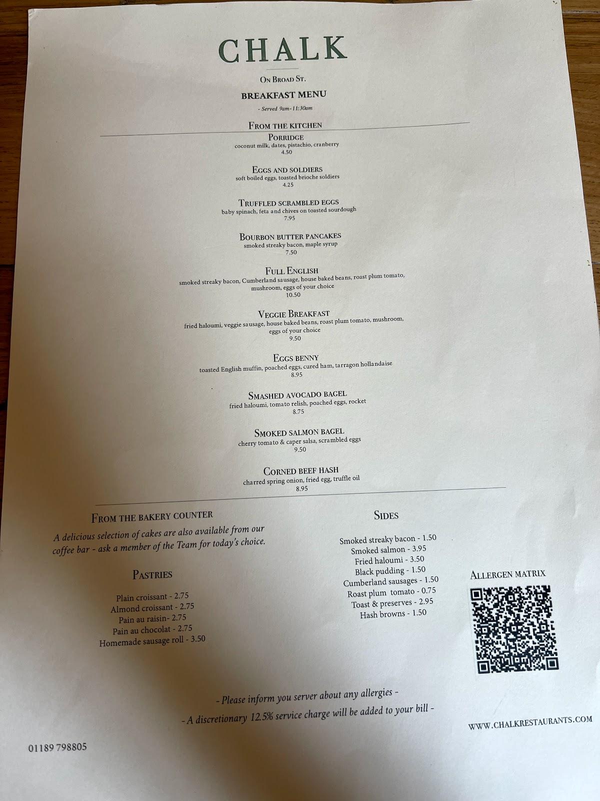 Menu at Chalk restaurant, Wokingham
