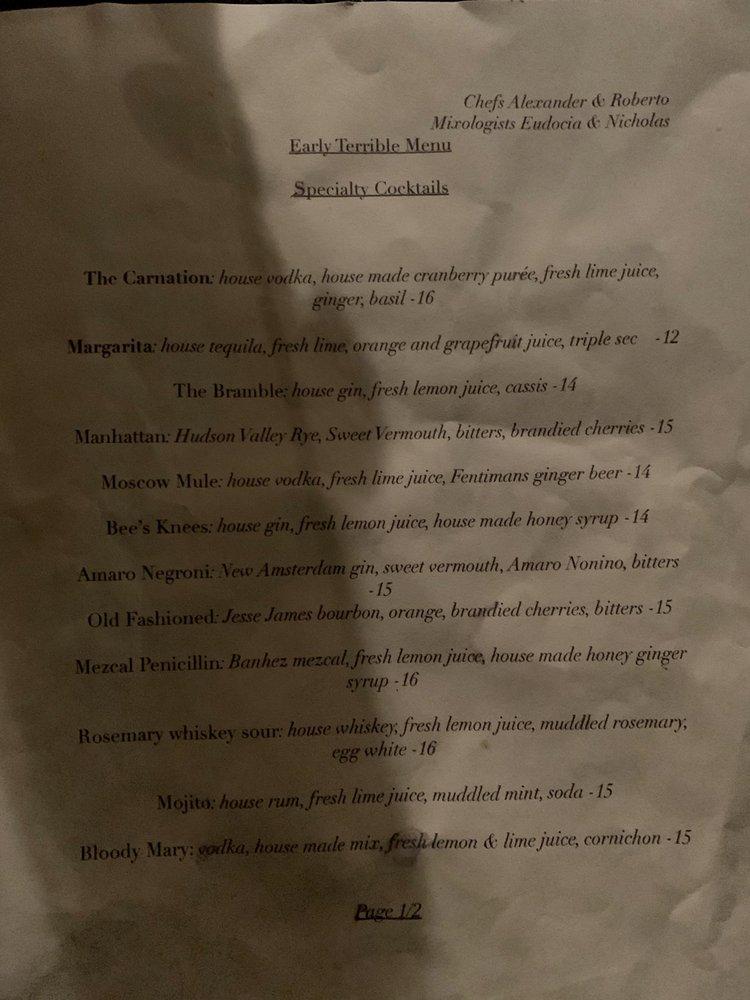 Menu at Early Terrible pub & bar, Woodstock