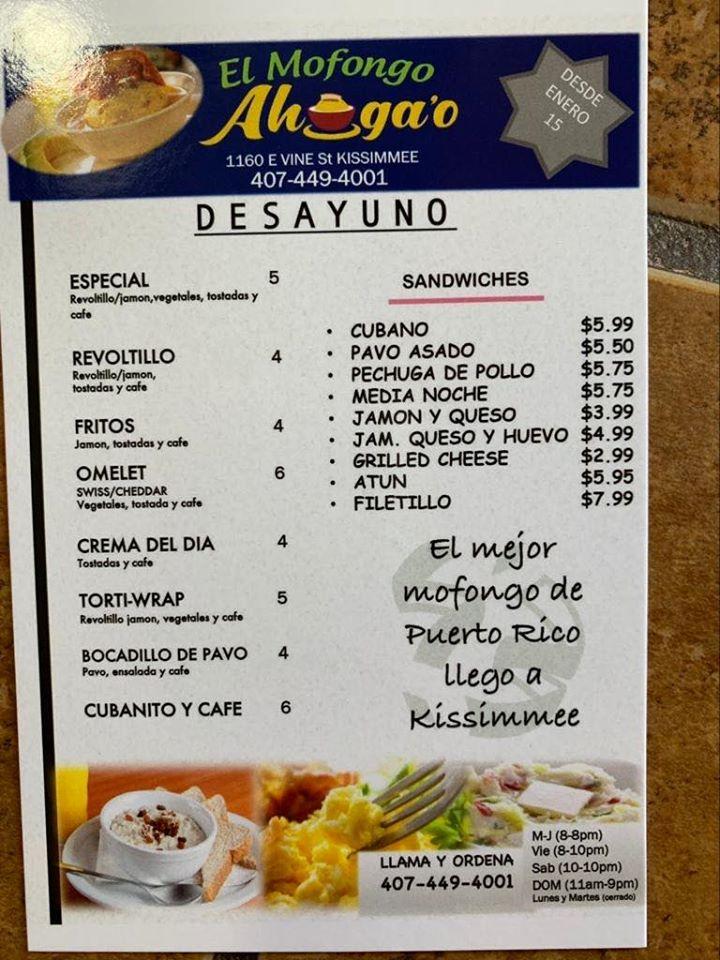 Menu at El Mofongo Ahogao restaurant, Kissimmee