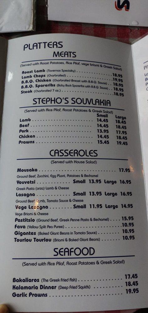 Menu at Stepho's Souvlaki Greek Taverna restaurant, Vancouver, Davie St