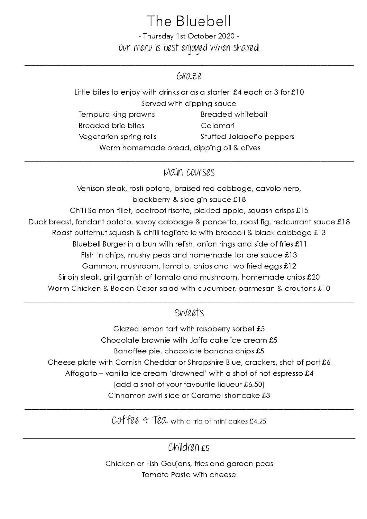 Menu at The Bluebell Inn restaurant, Peterborough
