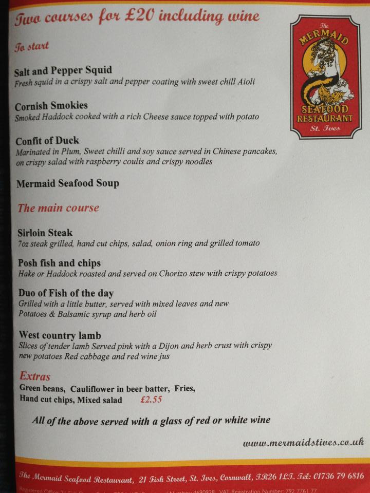 Menu at The Mermaid restaurant, Saint Ives