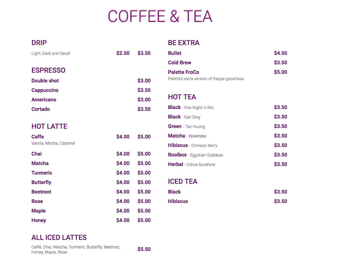 Menu at Palette Cafe, Schenectady