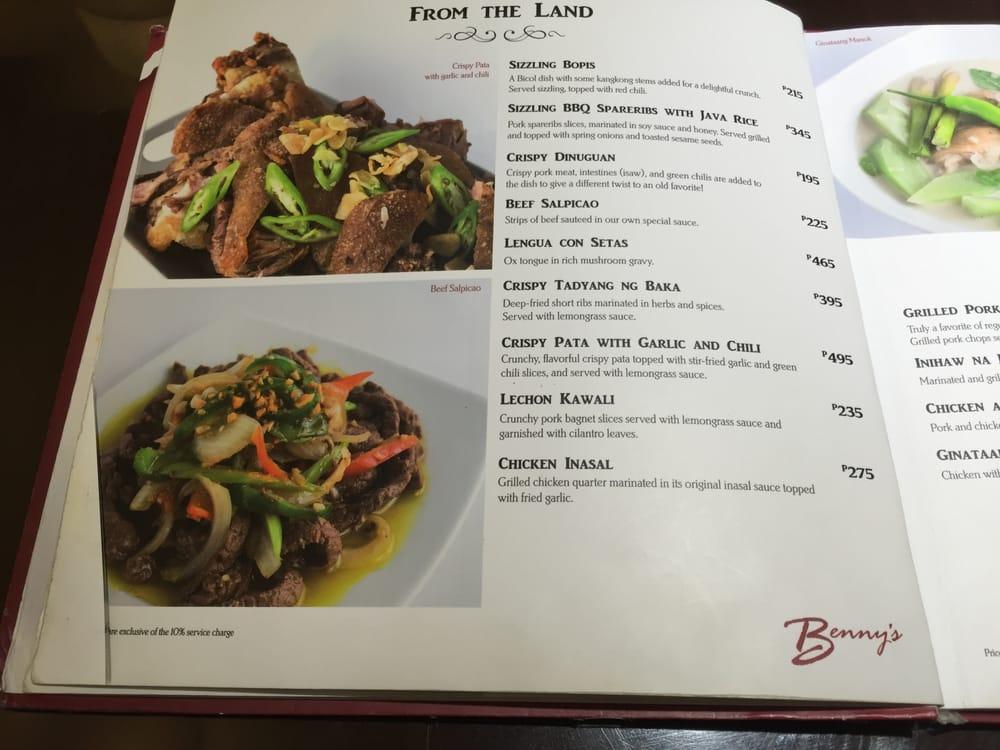 Menu at Benny's Place restaurant, Makati, GF