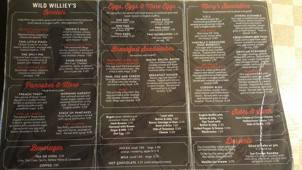 Menu at MaryBill’s Cafe, Fayetteville