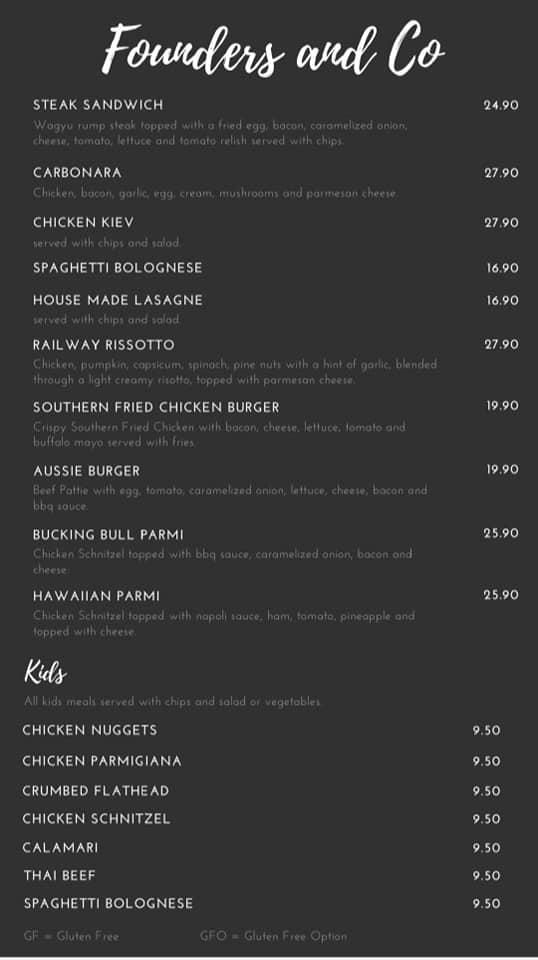 Menu at Founders & Co restaurant, Lara