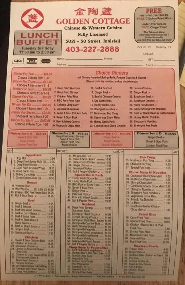 Menu at Golden Cottage restaurant, Innisfail