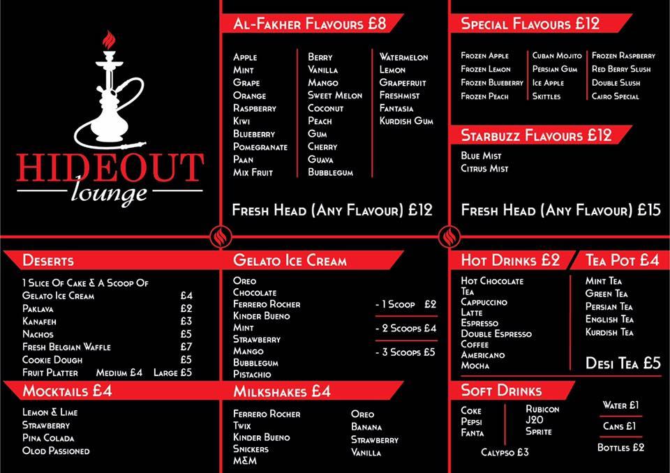 Menu at Hideout Lounge Darlington pub & bar, Darlington