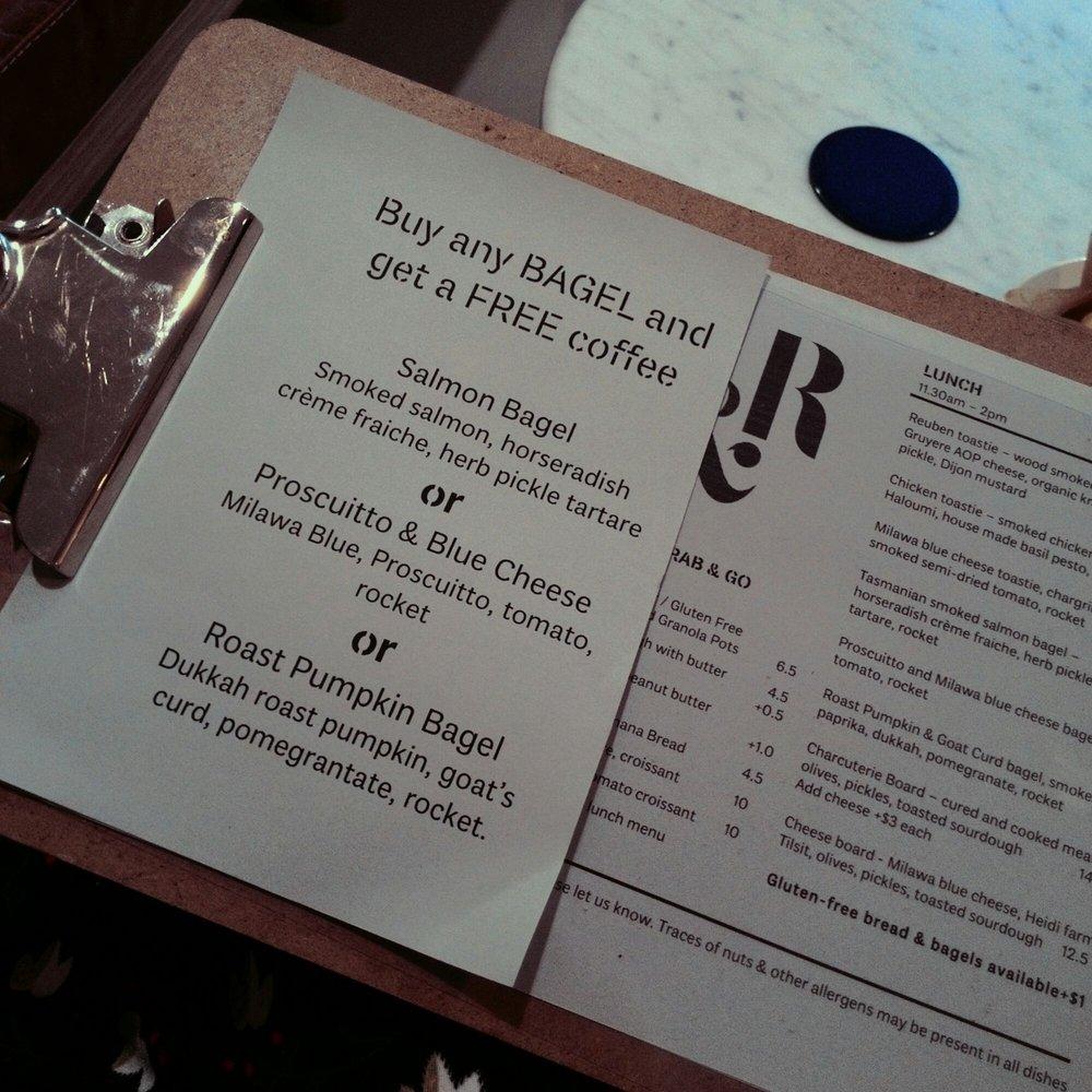 Menu at Pablo & Rusty's Coffee Roasters cafe, Brisbane City