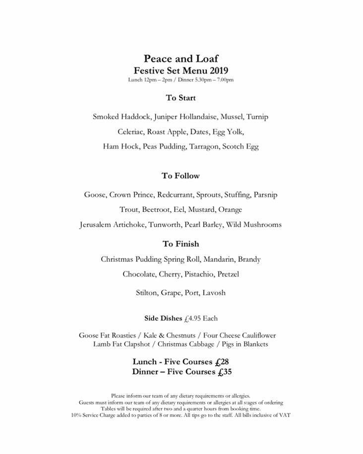 Menu at Peace & Loaf restaurant, Newcastle upon Tyne