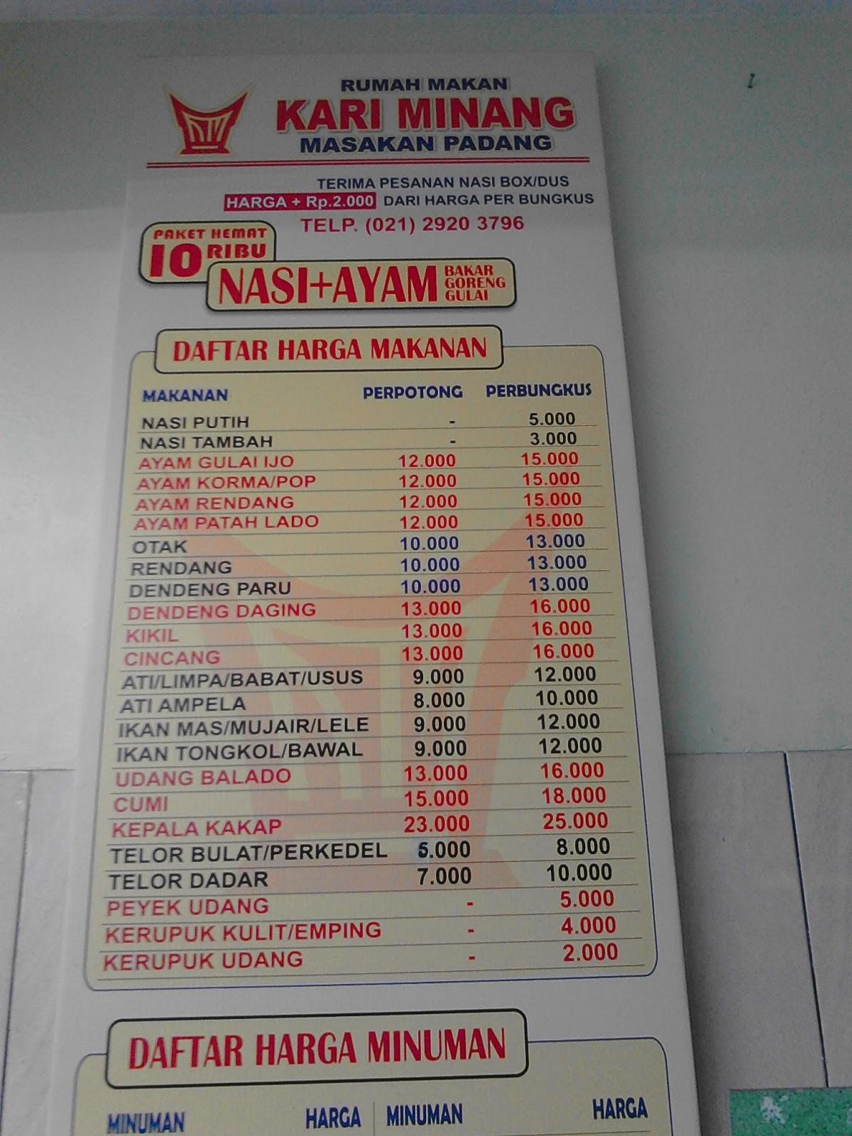 Menu at RM Kari Minang Semanan restaurant, West Jakarta