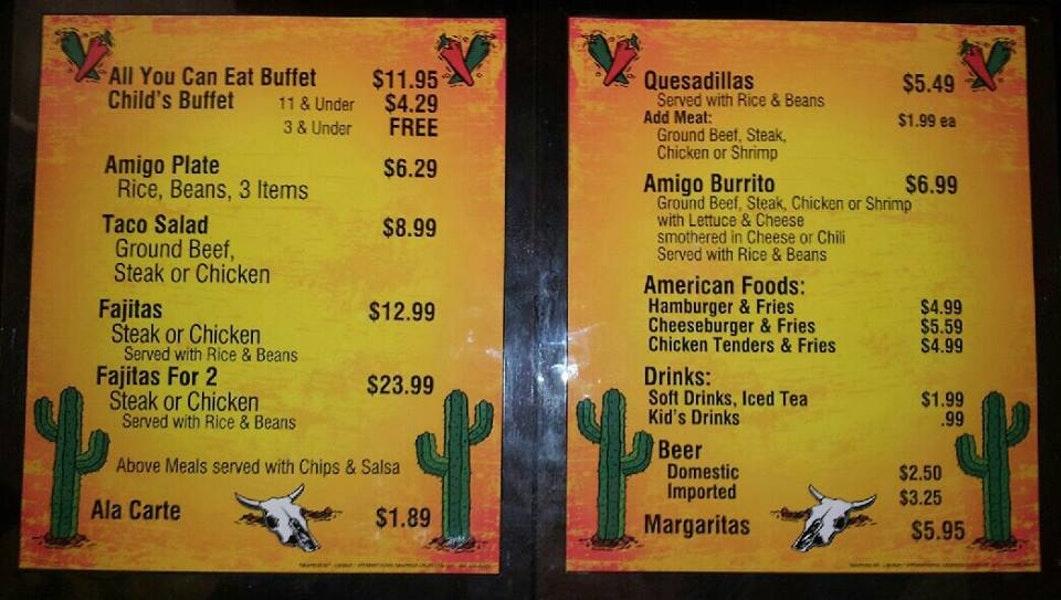 Menu at Two Amigos Mexican Buffet restaurant, Kenner