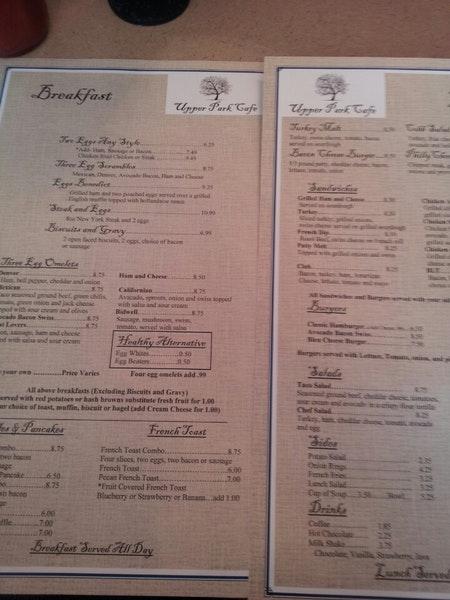 Menu at Upper Park Cafe, Aubrey