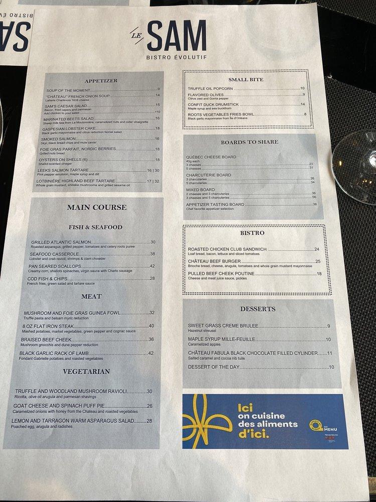Menu au Le Sam Bistro Évolution restaurant, Québec