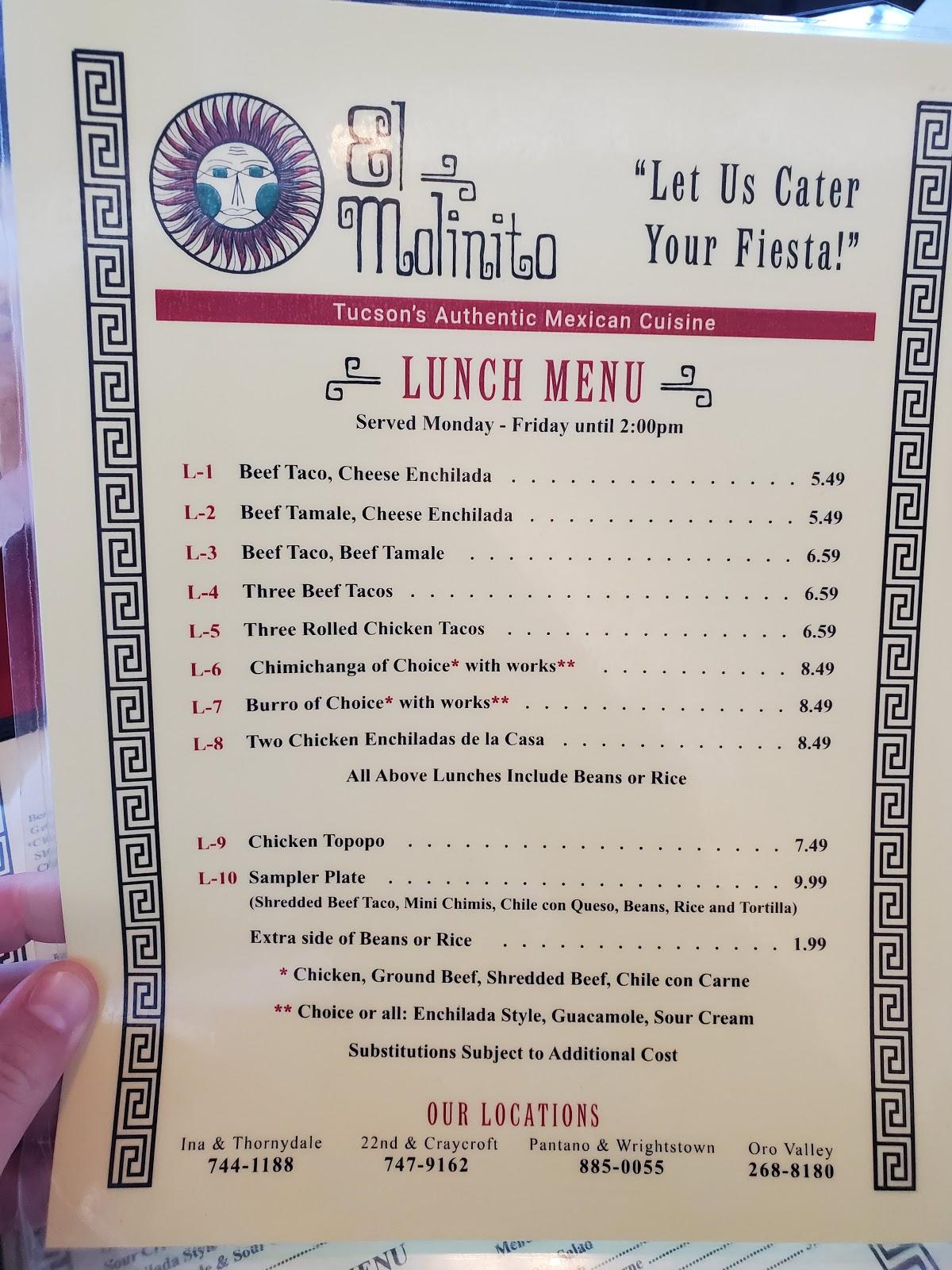 Menu at El Molinito restaurant, Tucson, 3675 W Ina Rd