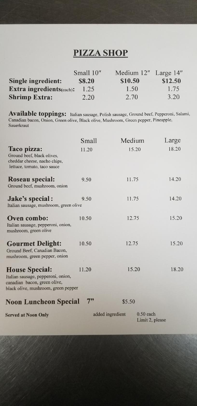 Menu at Jake's Pizza pizzeria, Roseau