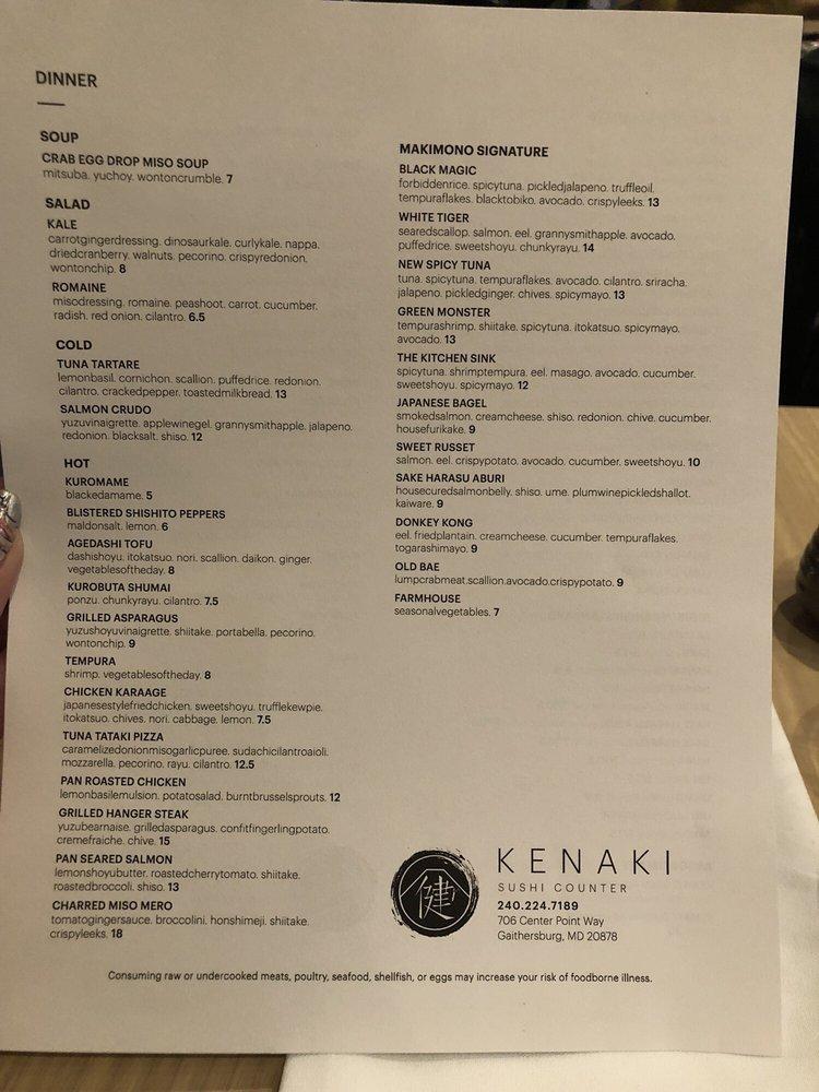 Carta del restaurante KENAKI Sushi Counter, Gaithersburg