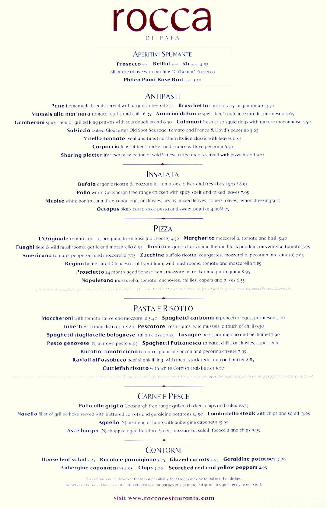 Menu at Rocca restaurant, London, 73 Old Brompton Rd