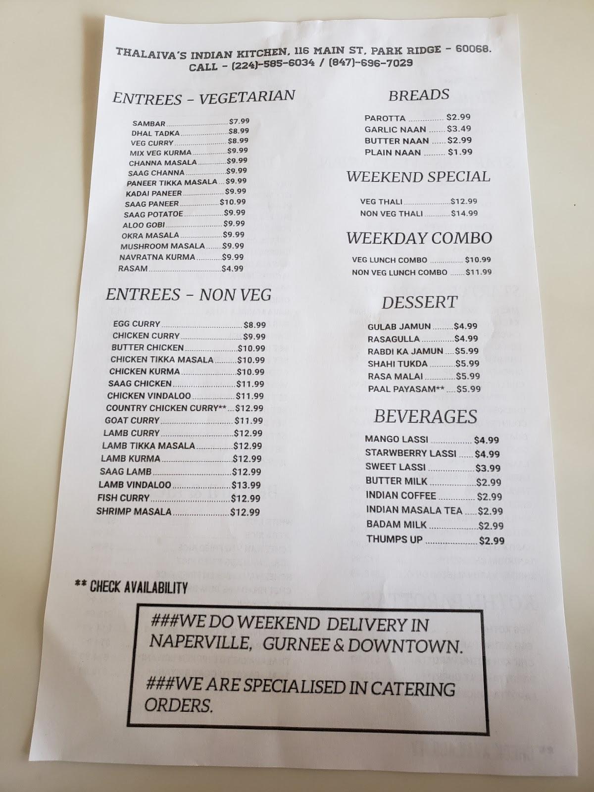 Menu at Thalaiva's Indian Kitchen restaurant, Park Ridge