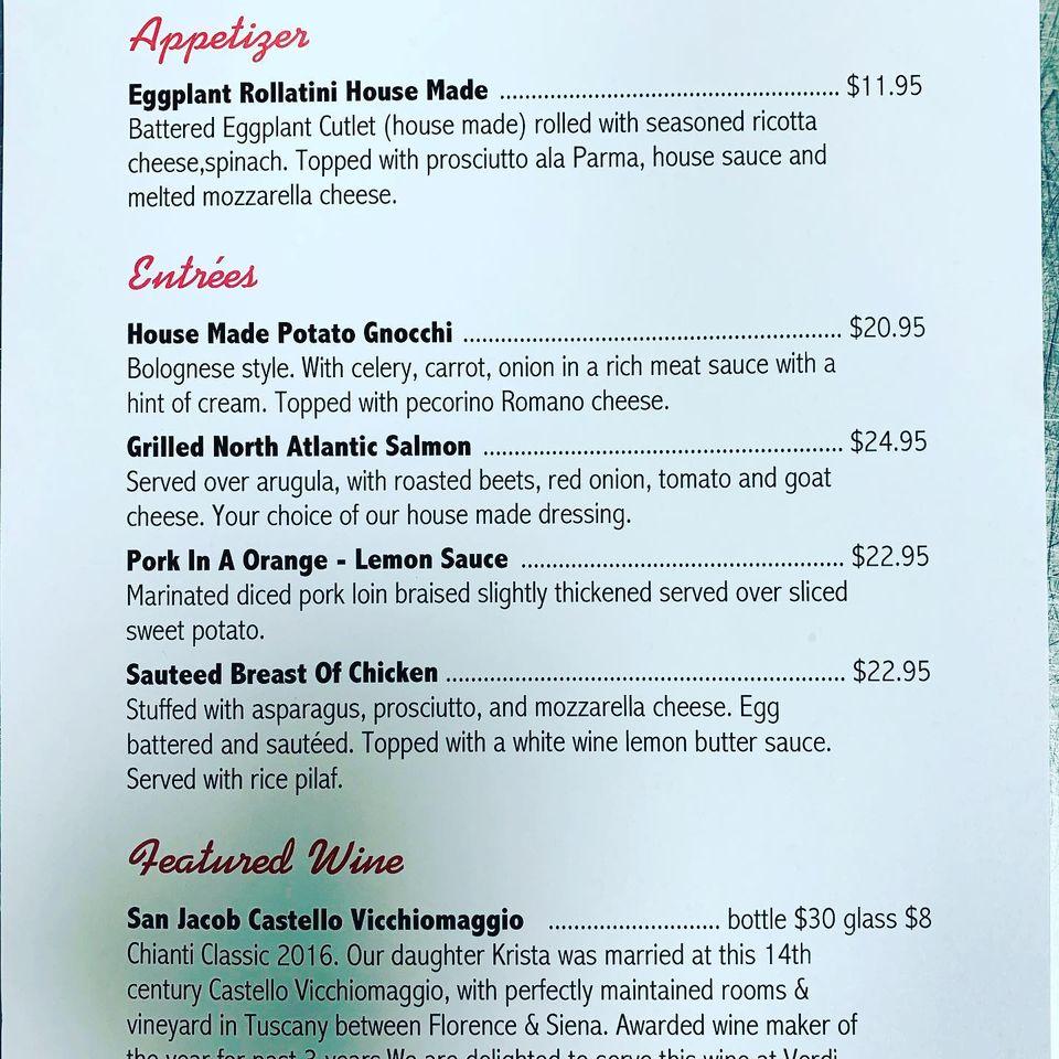 Menu at Verdi restaurant, Waterbury